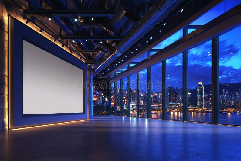An Empty Office Interior with a Large Canvas Display and Panoramic City ...