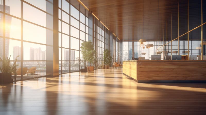 Empty Office Interior with Wooden Design and Panoramic Windows. Concept ...