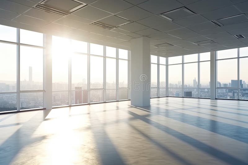 Empty Office with Large Windows and Sun Rays. Generative Ai Stock ...