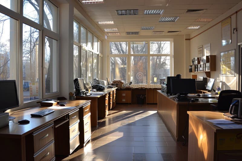 Empty Office with Light through Large Windows, Old Furniture and ...