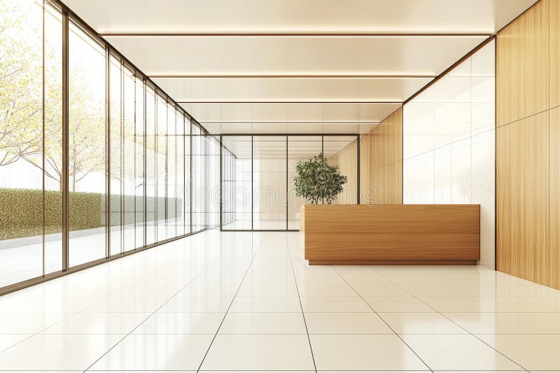 An Empty Office Lobby with Large Windows and a Reception Desk. 3D ...
