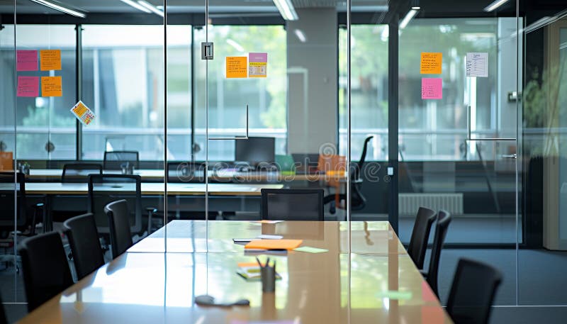 Empty Office Meeting Room with Sticky Note on Mirror. Stock ...