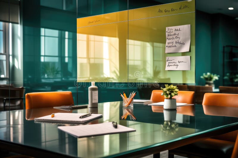 Empty Office Meeting Room with Sticky Note on Mirror. Generative AI ...
