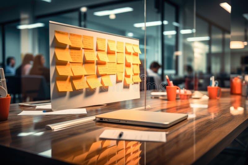 Empty Office Meeting Room with Sticky Note on Mirror. Generative AI ...