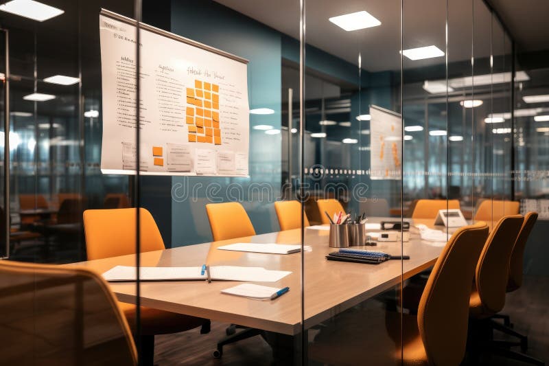 Empty Office Meeting Room with Sticky Note on Mirror. Generative AI ...