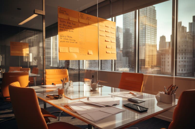 Empty Office Meeting Room with Sticky Note on Mirror. Generative AI ...