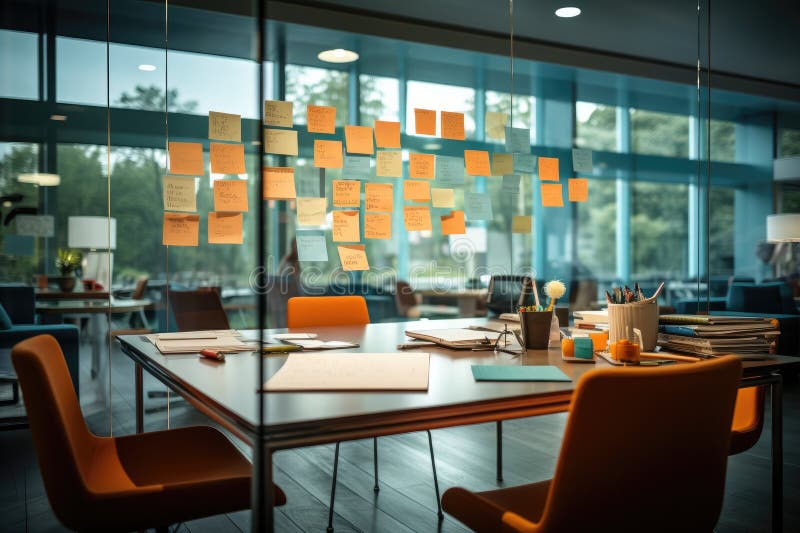 Empty Office Meeting Room with Sticky Note on Mirror. Generative AI ...