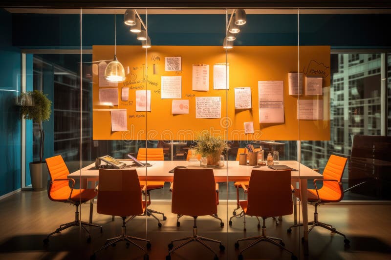 Empty Office Meeting Room with Sticky Note on Mirror. Generative AI ...