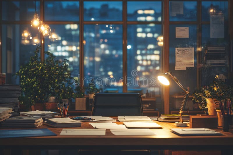 Empty Office at Night with a Desk Lamp Illuminating Documents and a ...