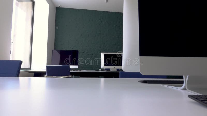 Empty Office with No Employees. Room with Workplace and Blue Chairs ...