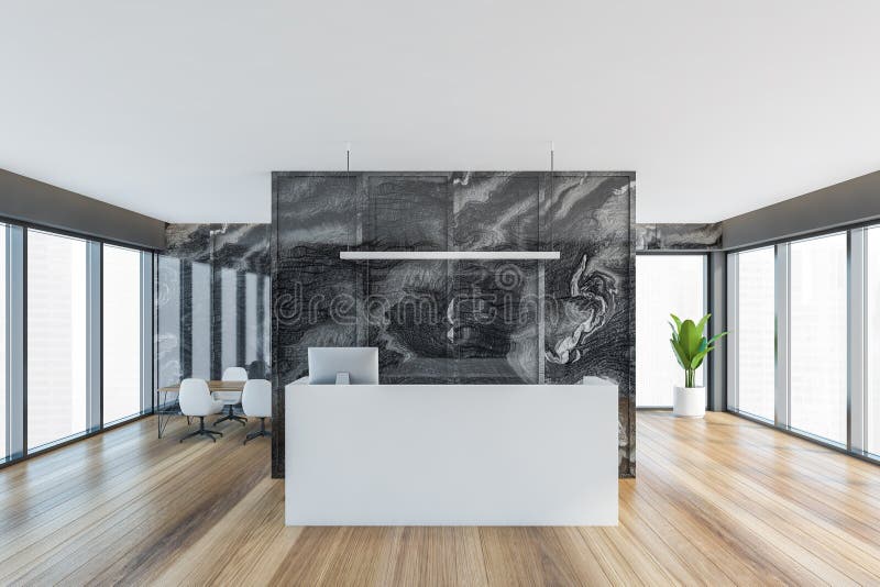 Empty Office, Reception Desk with Computer and Marbel Wall. Panoramic ...