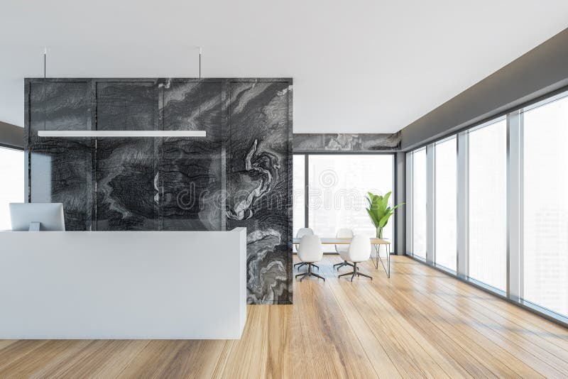 Empty Office, Reception Desk with Computer and Marbel Wall. Panoramic ...