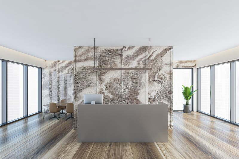 Empty Office, Reception Desk with Computer and Marbel Wall. Panoramic ...