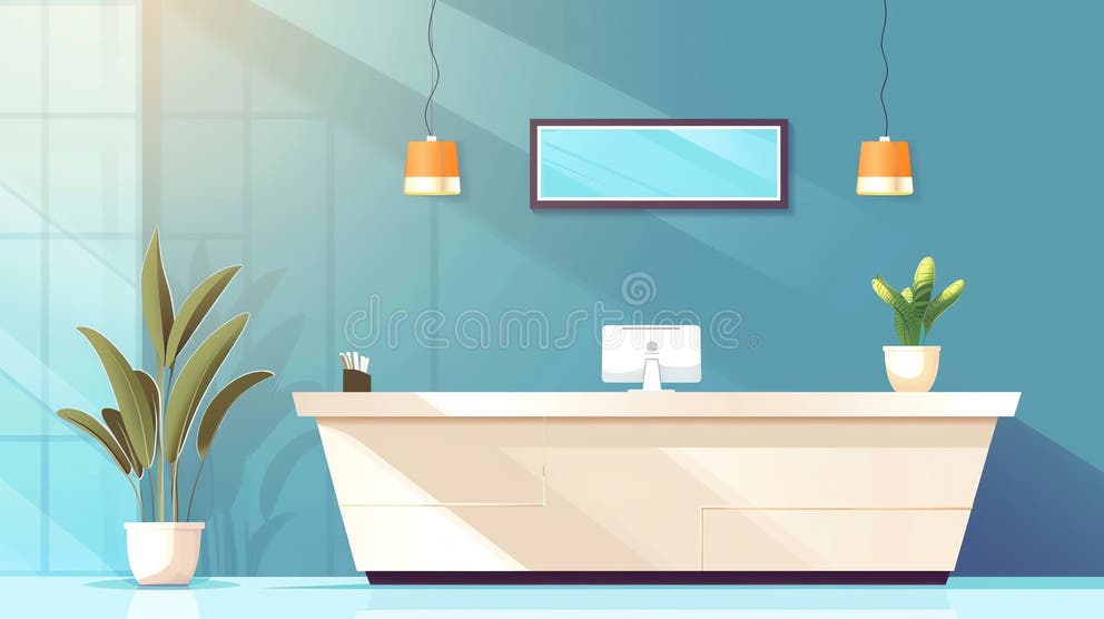 Empty Office Reception Desk with Computer and Plants, Welcoming ...