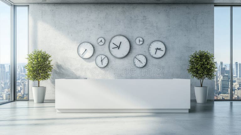 Empty Office Reception with Three Clocks on Wall Isolated in White ...