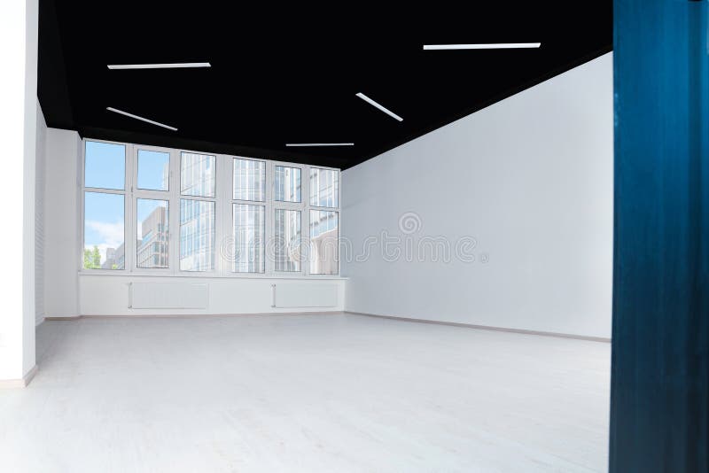 Empty Office Room with Black Ceiling and Windows. Interior Design Stock ...