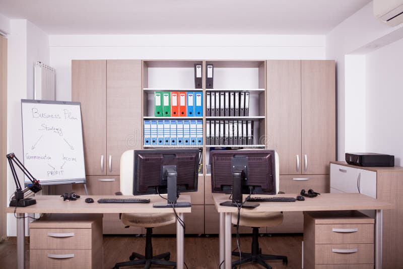 Empty Office Room with Computers and Desks Stock Image - Image of ...