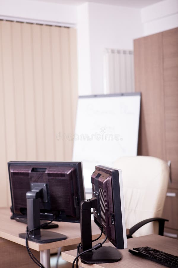 Empty Office Room with Computers and Desks Stock Photo - Image of floor ...