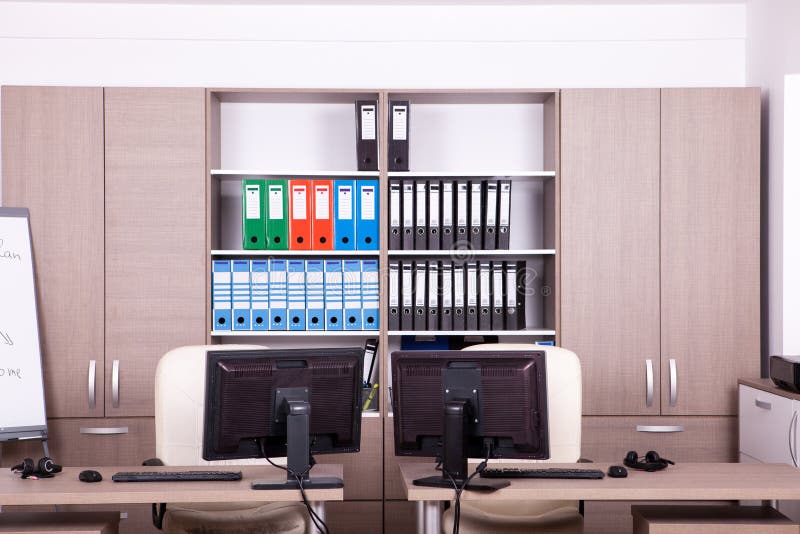 Empty Office Room with Computers and Desks Stock Image - Image of floor ...
