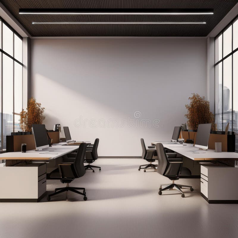 Empty Office Space with Blank Wall and Modern Workstations. 3D ...