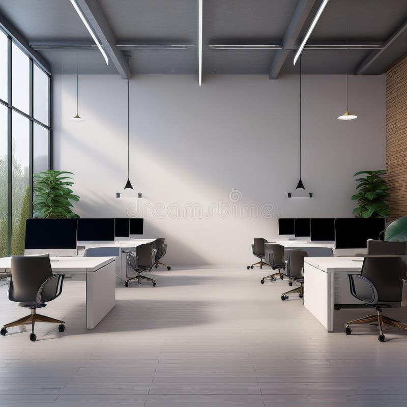 Empty Office Space with Blank Wall and Modern Workstations. 3D ...