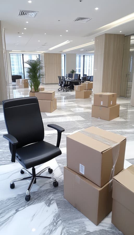 Empty Office Space with Cardboard Boxes and Chair during Corporate ...