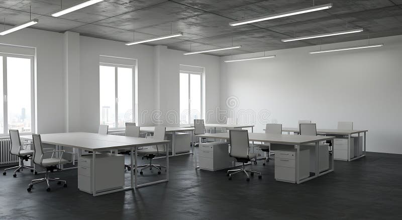 Empty Office Space with Desks and Chairs in Modern Style Stock ...