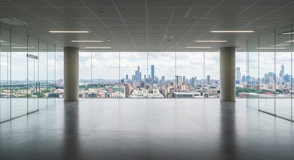 Empty Office Space with Expansive Floor-to-ceiling Windows Offers a ...