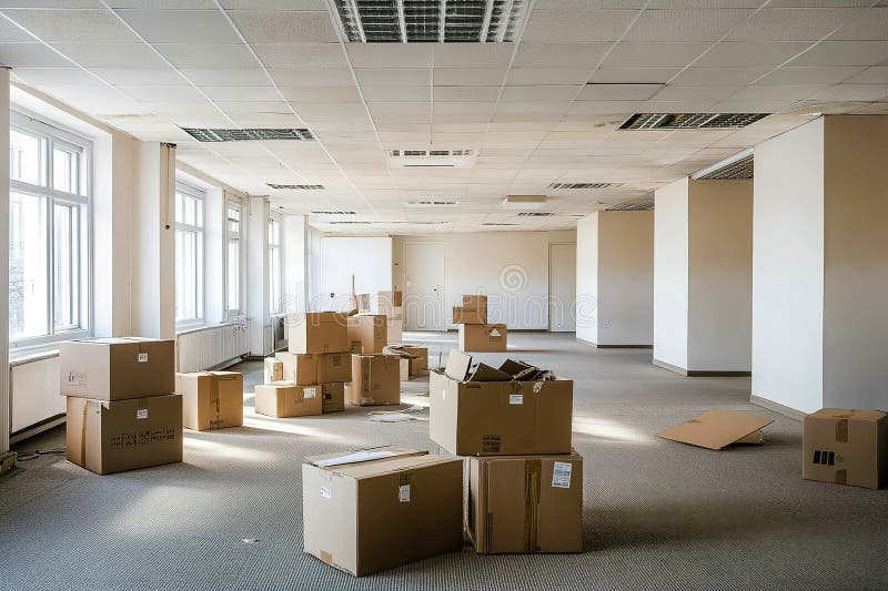 Empty Office Space Filled with Scattered Cardboard Boxes during a ...