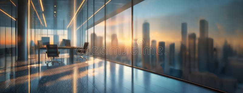 An Empty Office Space with a Glass Wall Overlooking a City at Sunset ...