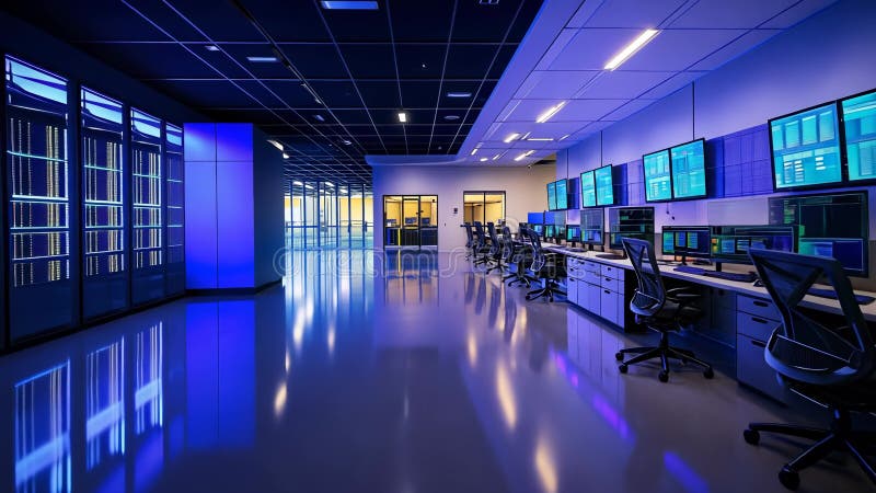 Modern Office Interior Bathed in Pink and Blue Led Glow, Revealing ...