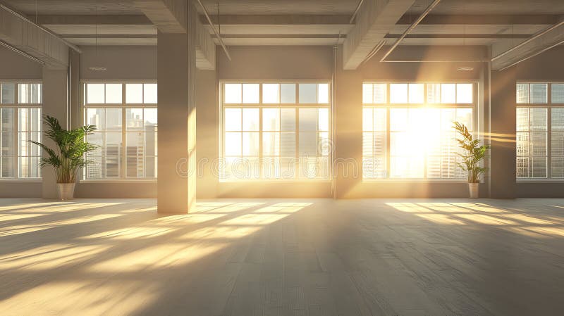 Empty Office Space with Large Windows, Sunset City View Stock Image ...