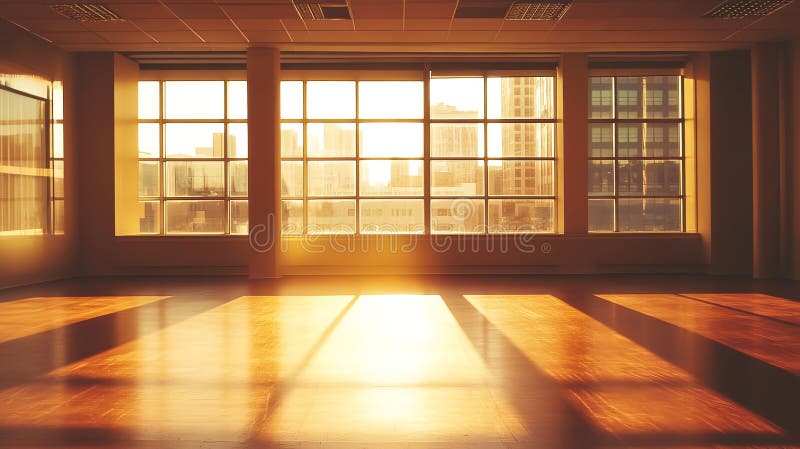 Empty Office Space with Large Windows, Sunset City View Stock Photo ...