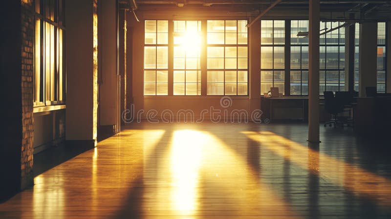 Empty Office Space with Large Windows, Sunset City View Stock Image ...