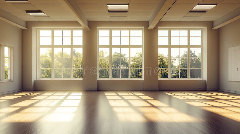 Empty Office Space with Large Windows, Sunset City View Stock Image ...