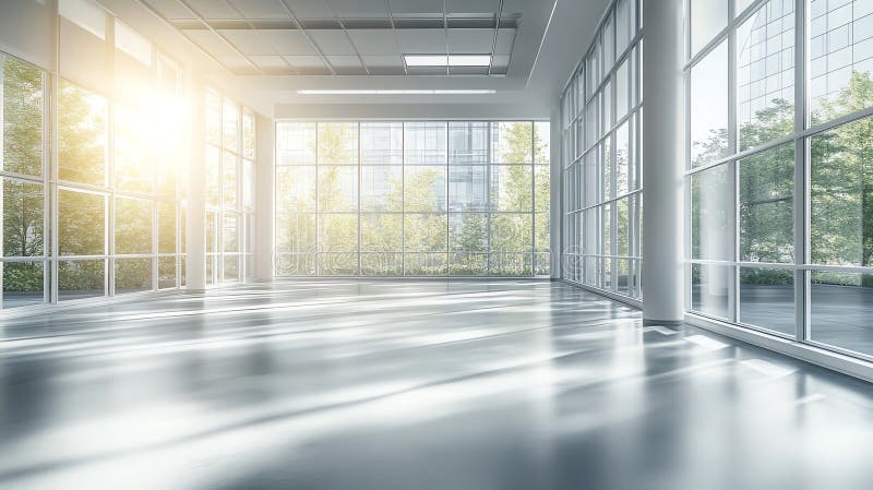 Empty Office Space with Large Windows, Sunset City View Stock Image ...