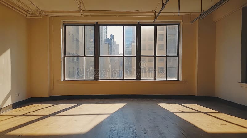 Empty Office Space with Large Windows, Sunset City View Stock Image ...