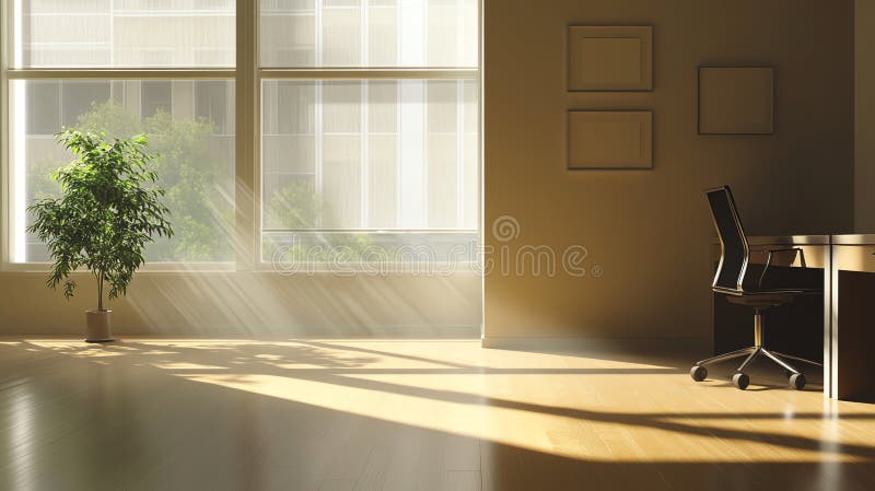 Empty Office Space with Large Windows, Sunset City View Stock Photo ...