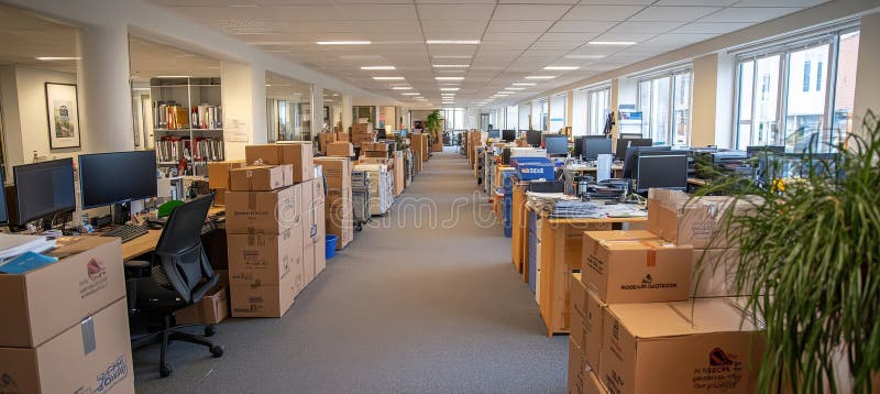 Empty Office Space with Moving Boxes Scattered on Floor. Office ...