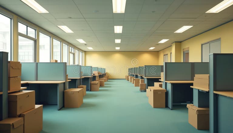 Empty Office Space with Rows of Cubicles. Cardboard Boxes Placed on ...