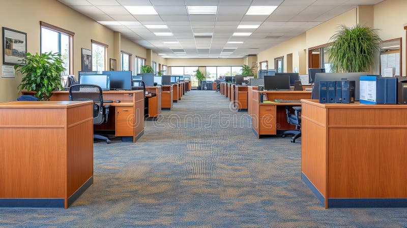 Empty Office Space with Rows of Desks and Chairs Stock Illustration ...