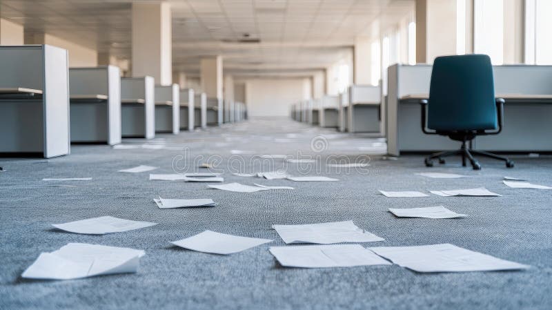 An Empty Office Space with Scattered Papers on the Floor and a Lone ...