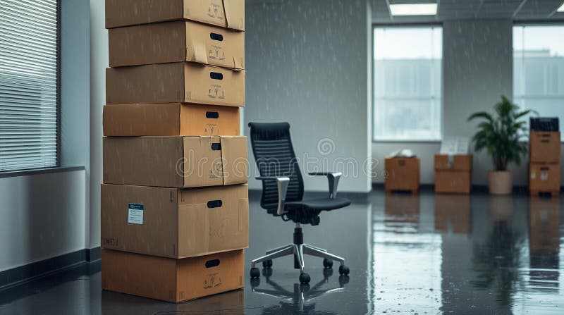 Empty Office Space with Stacked Boxes and a Single Chair, Rain Falling ...