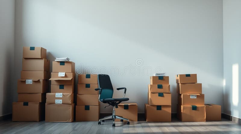 Empty Office Space with Stacked Cardboard Boxes and an Office Chair ...