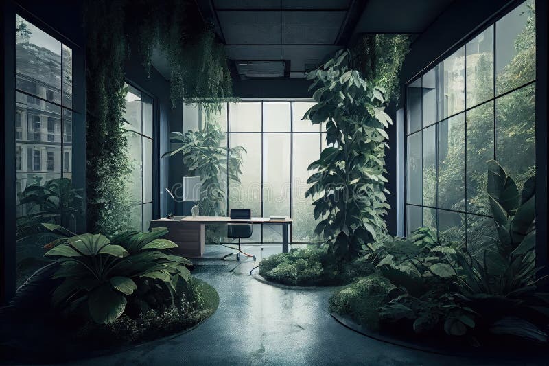 Empty Office Surrounded by Lush Greenery, Symbolizing Renewal and ...