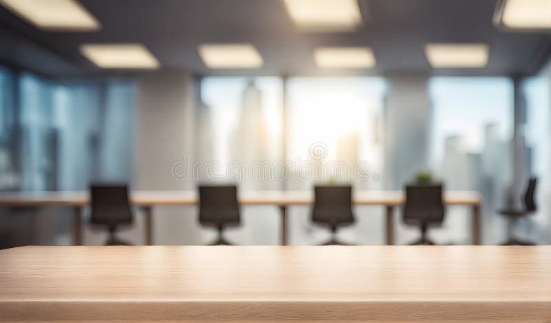 Empty Office Table with Skyline Window Backdrop Stock Illustration ...