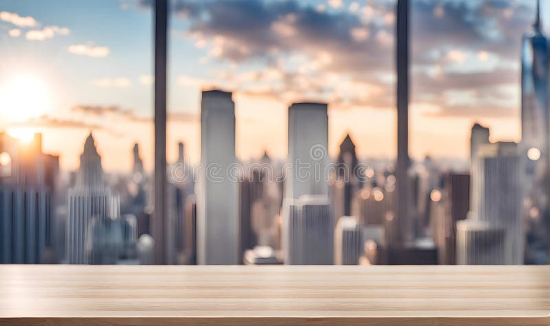 Empty Office Table with Skyline Window Backdrop Stock Illustration ...