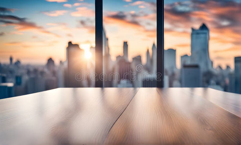 Empty Office Table with Skyline Window Backdrop Stock Illustration ...