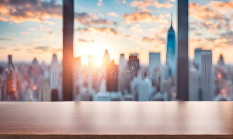 Empty Office Table with Skyline Window Backdrop Stock Illustration ...
