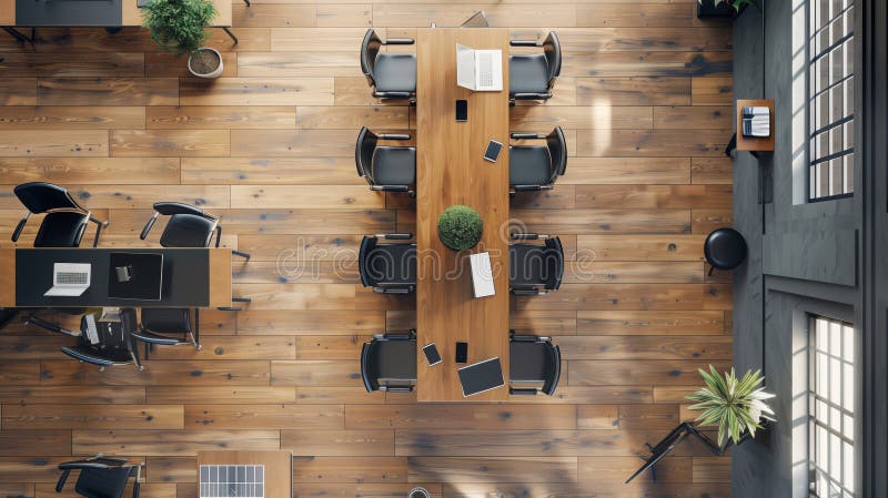 Empty Office, with Tables, Chairs, and a Few Business Tools. Top-down ...